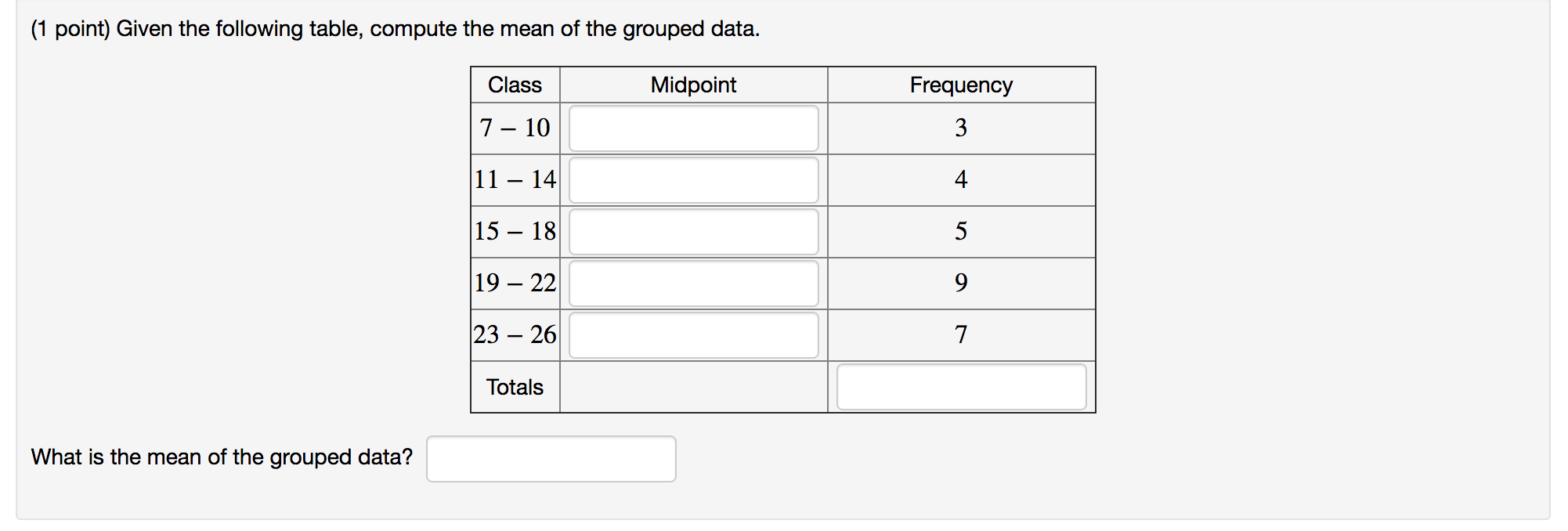 Solved (1 point) Given the following table, compute the mean | Chegg.com