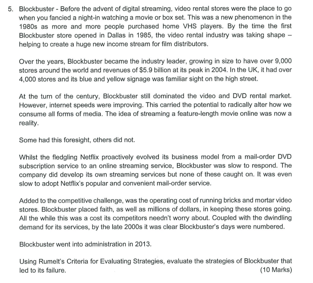 Solved 5. Blockbuster - Before the advent of digital | Chegg.com