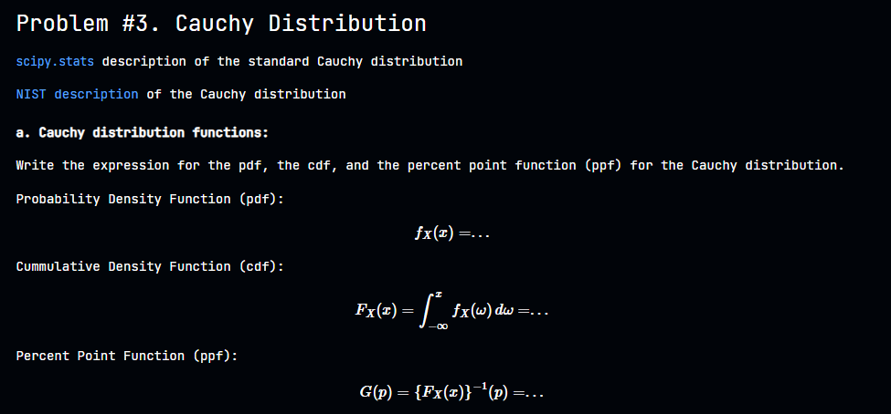 Solved by an EXPERT Problem #3. ﻿Cauchy Distributionscipy.stats | Chegg.com
