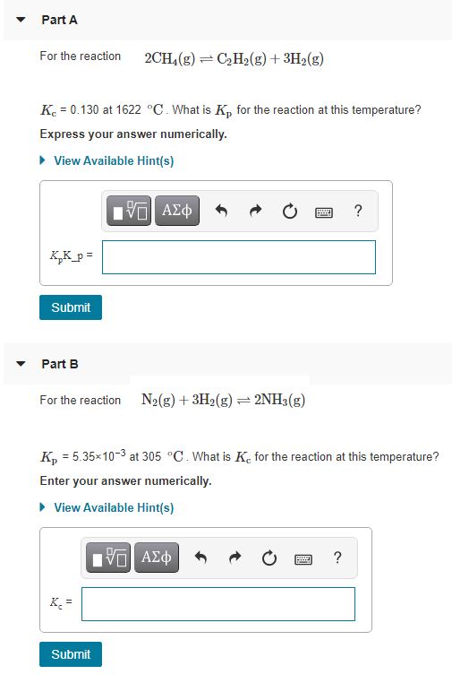 Solved Part A For the reaction 2CH2(g) =CH2(g) + 3H2(g) Kc = | Chegg.com