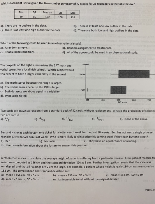 Solved Which Statement Is True Given The Five number Summary Chegg