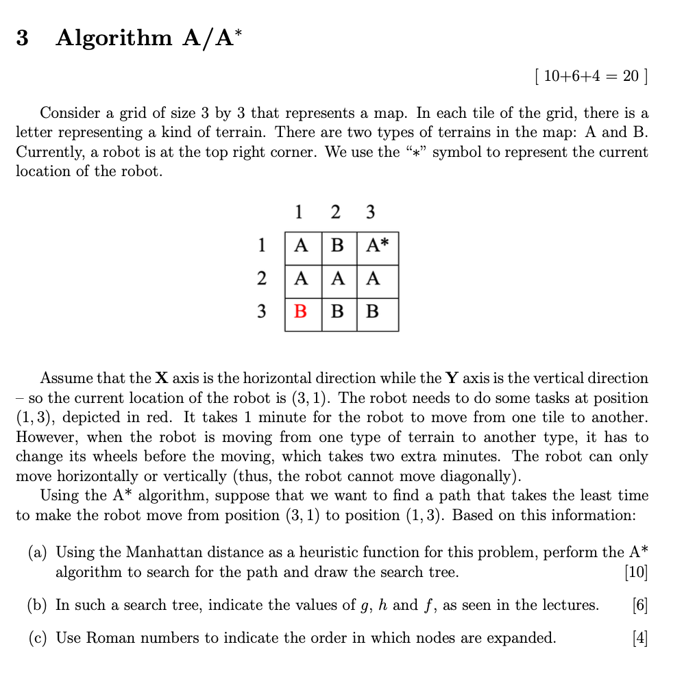 Solved 3 Algorithm A/A* [ 10+6+4 = 20 ] Consider a grid of | Chegg.com