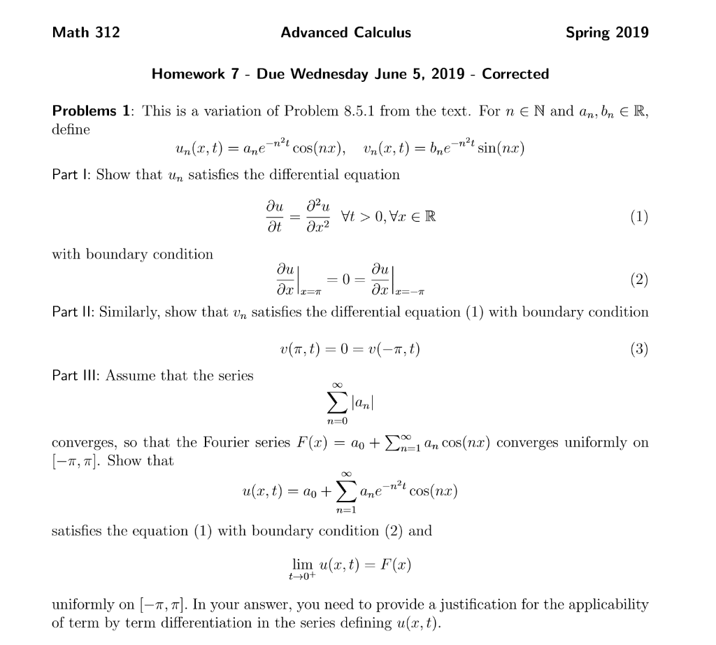 Math 312 Advanced Calculus Spring 2019 Homework 7 - | Chegg.com