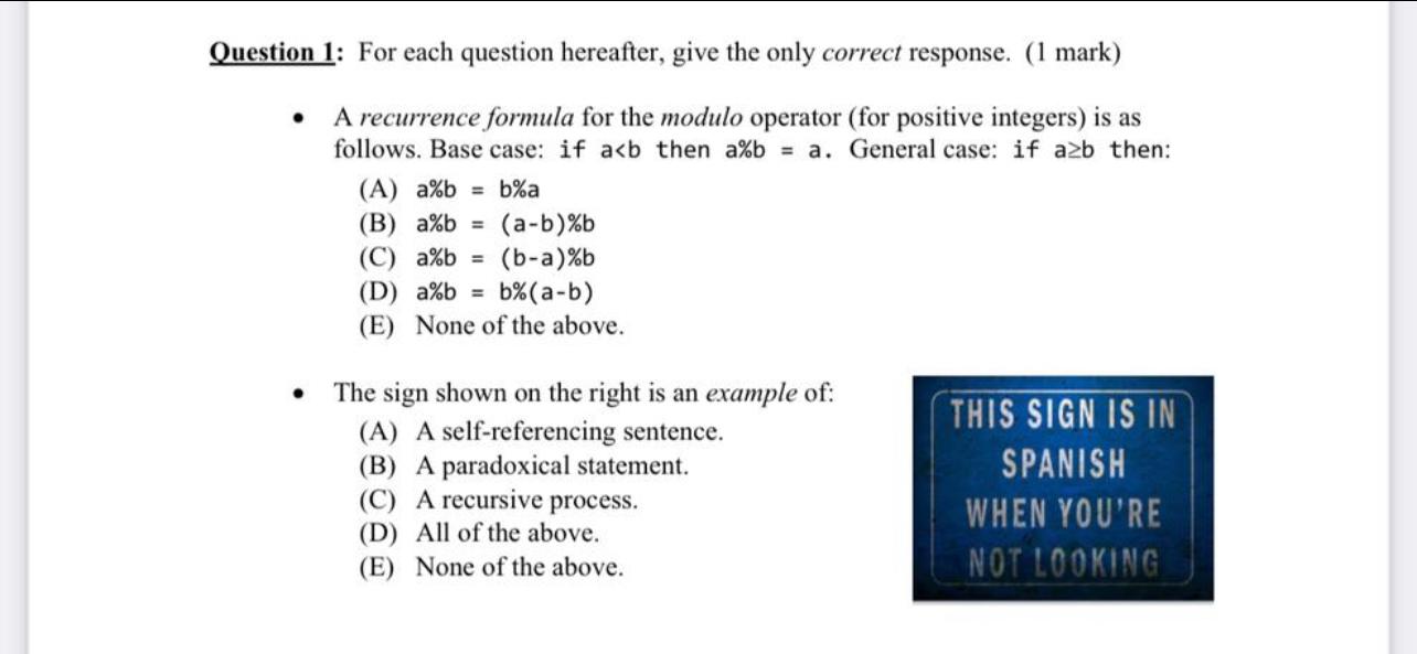 Solved - A recurrence formula for the modulo operator (for | Chegg.com