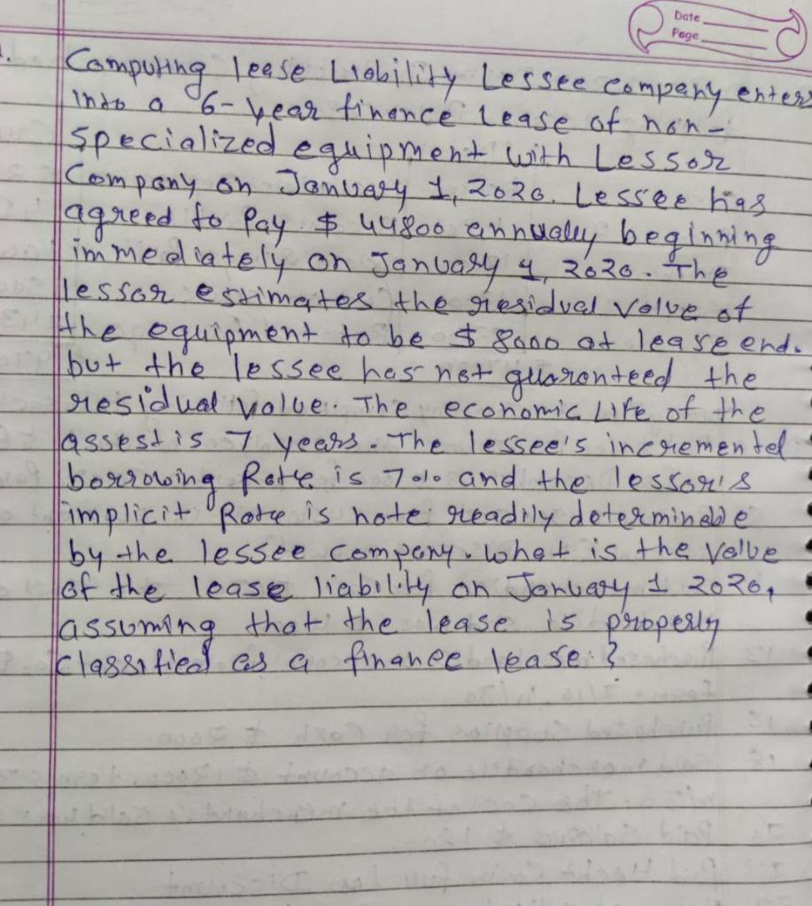 Solved Date Page - Computing lease Llobility Lessee Compeny | Chegg.com