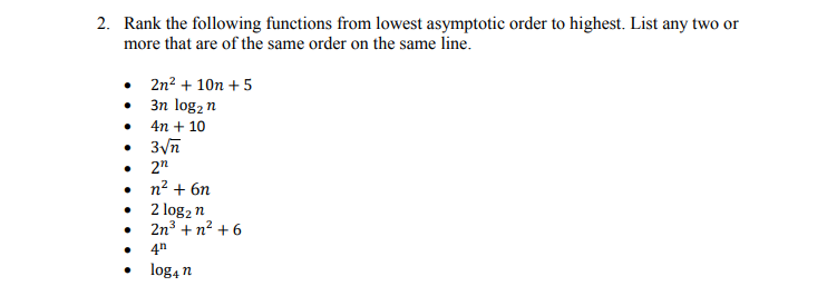 Solved 2. Rank the following functions from lowest | Chegg.com