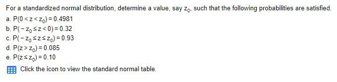 Solved For a standardized normal distribution, determine a | Chegg.com