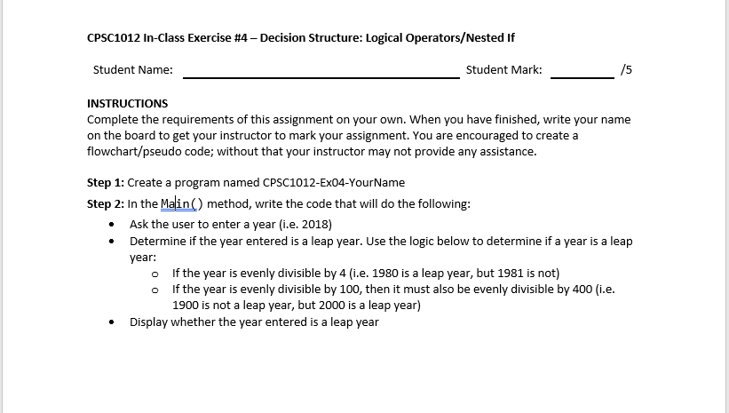 Solved CPSC1012 In-class Exercise #4-Decision Structure: | Chegg.com