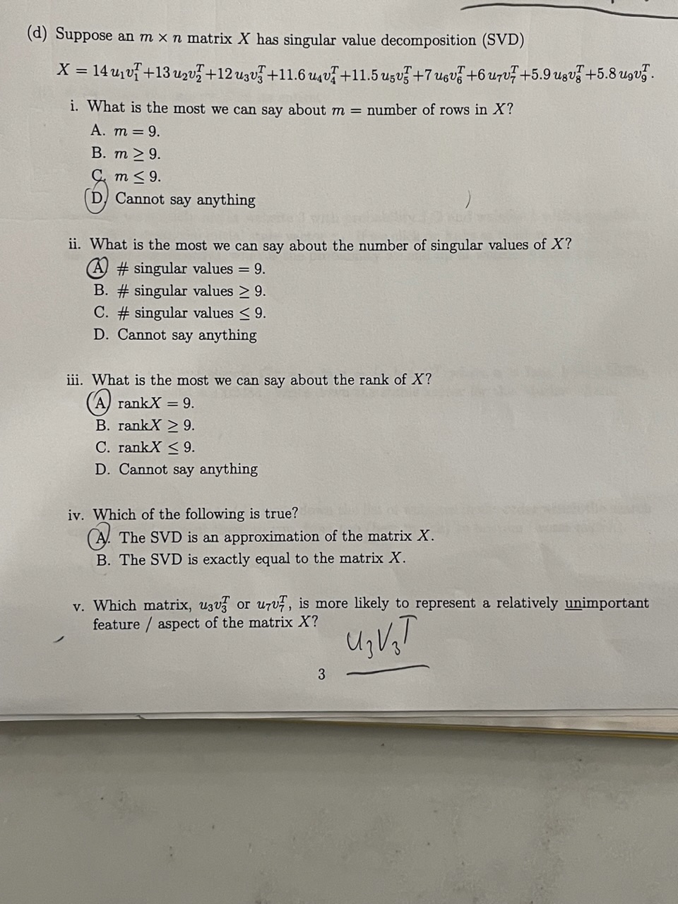 Solved d) Suppose an m×n matrix X has singular value | Chegg.com