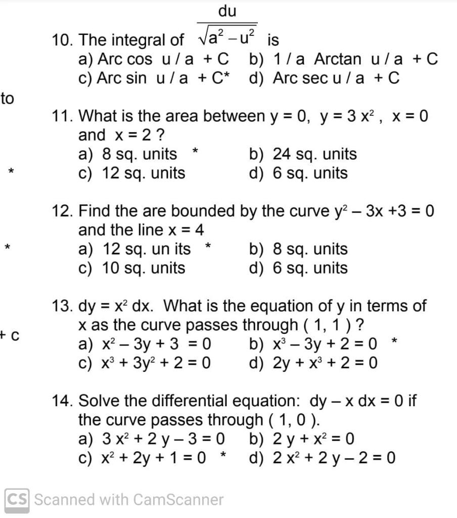 Solved du 10. The integral of Va? -u? is a) Arc cos ula + b) | Chegg.com