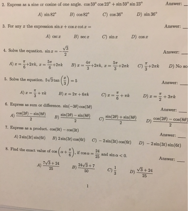 Solved Answer: 2. Express as a sine or cosine of one angle. | Chegg.com