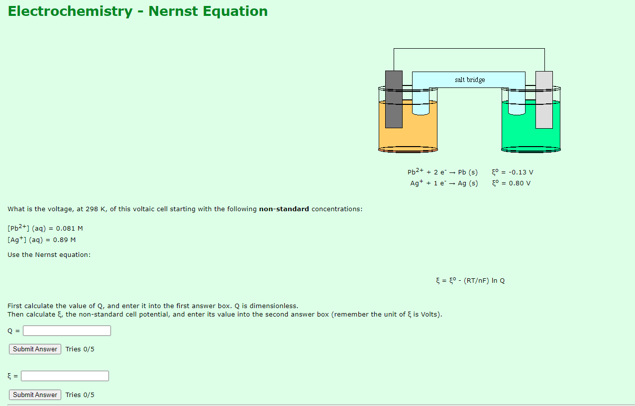Solved Electrochemistry - Nernst Equation salt bridge Pb2+ + | Chegg.com