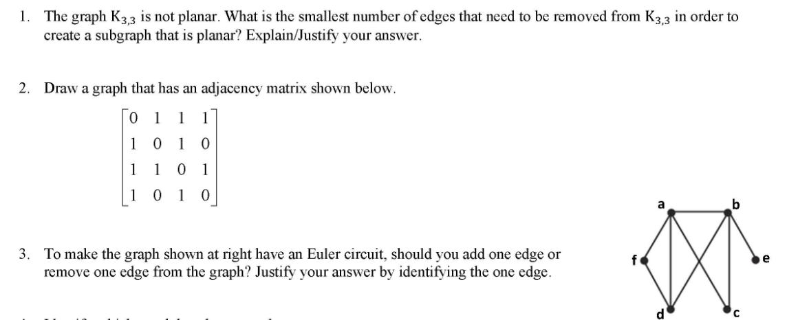 Solved 1. The graph K3,3 is not planar. What is the smallest | Chegg.com