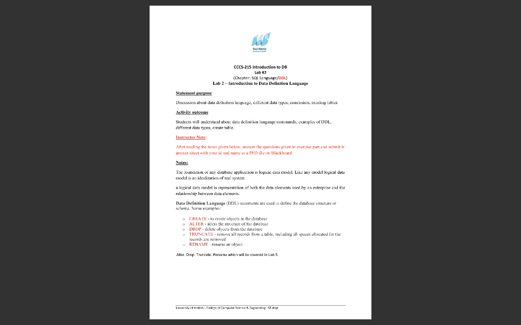 عادة ال CCCS-215 Introduction to DB Lab #2 (Chapter: | Chegg.com