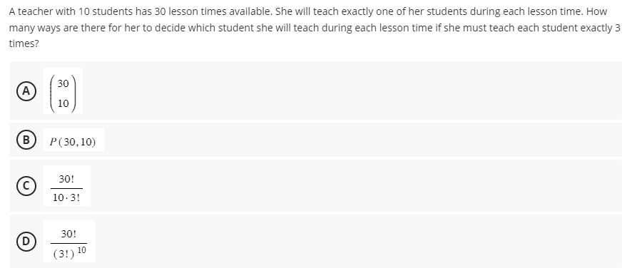 Solved A teacher with 10 students has 30 lesson times | Chegg.com