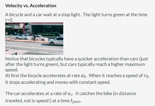 Solved Velocity vs. Acceleration A bicycle and a car wait at | Chegg.com