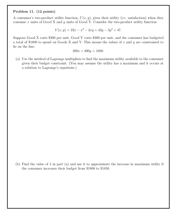 Solved Problem 11. (12 points) A consumer's two-product | Chegg.com