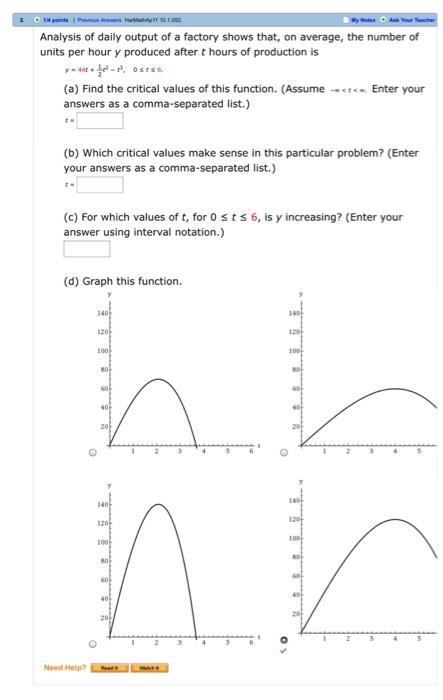 Solved The number of units per hour,y, produced after t | Chegg.com