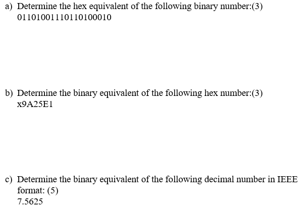 Solved a) Determine the hex equivalent of the following | Chegg.com