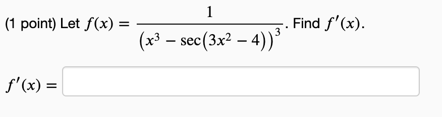 Solved (1 point) Let f(x) = cos; x+4). Find f'(x). f'(x) = | Chegg.com