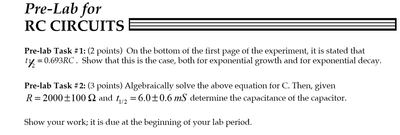 Solved Pre-Lab for RC CIRCUITS E Pre-lab Task #1:02 points) | Chegg.com