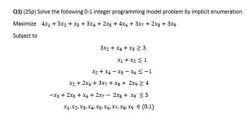 Solved Q3) (25p) Solve the following 0-1 integer programming | Chegg.com