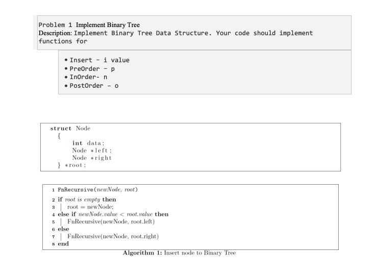 Solved Problem 1 Implement Binary Tree Description: | Chegg.com