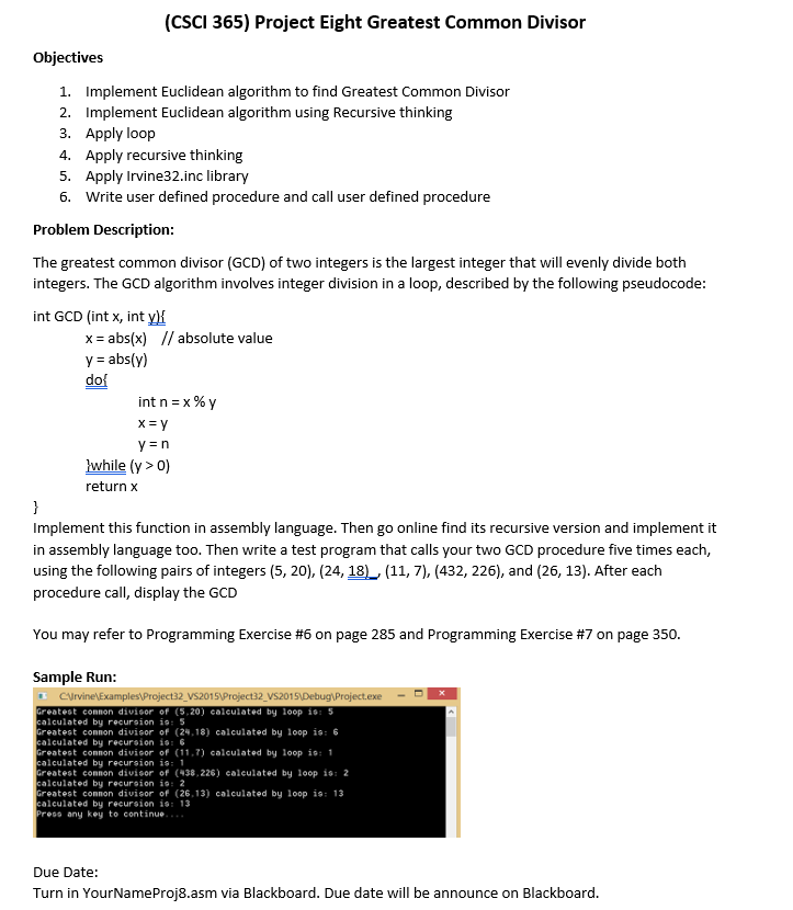 Solved (CSCI 365) Project Eight Greatest Common Divisor | Chegg.com