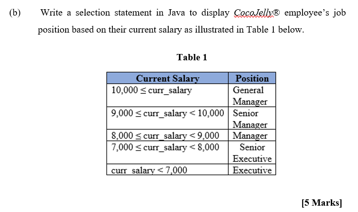 Solved (b) Write a selection statement in Java to display | Chegg.com
