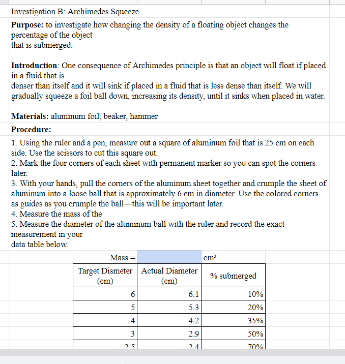 Solved Investigation B: Archimedes Squeeze Purpose: to | Chegg.com
