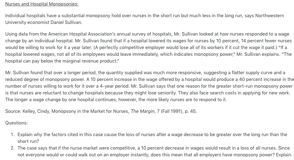 Nurses and Hospital Monopsonies: Individual hospitals | Chegg.com