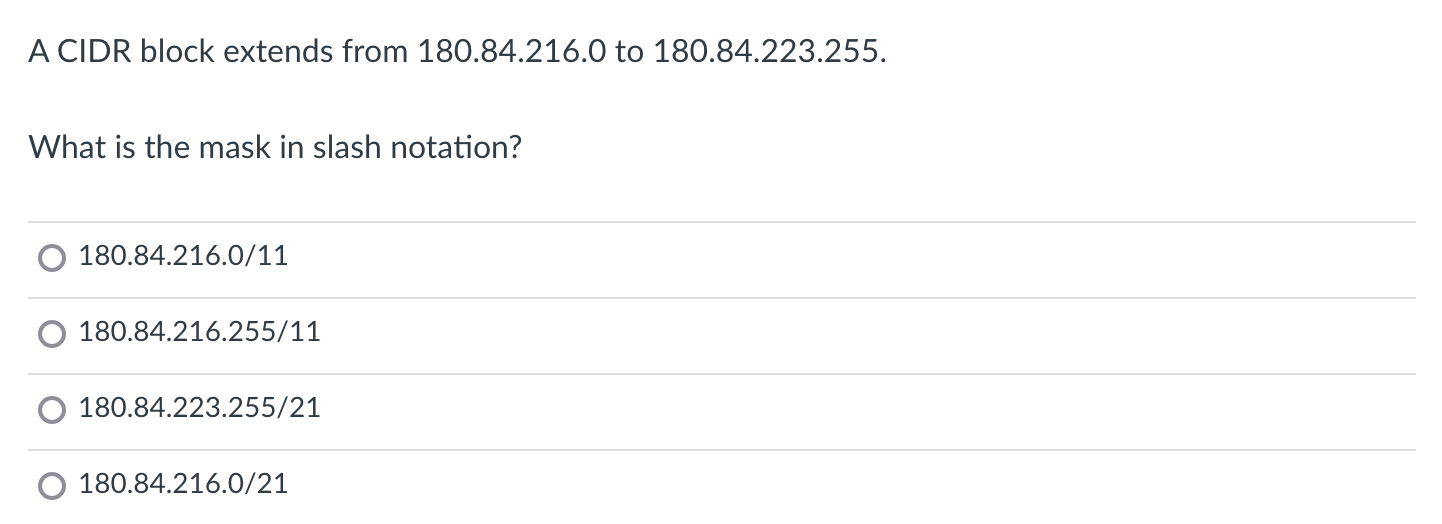 Solved A CIDR block extends from 180.84.216.0 to | Chegg.com