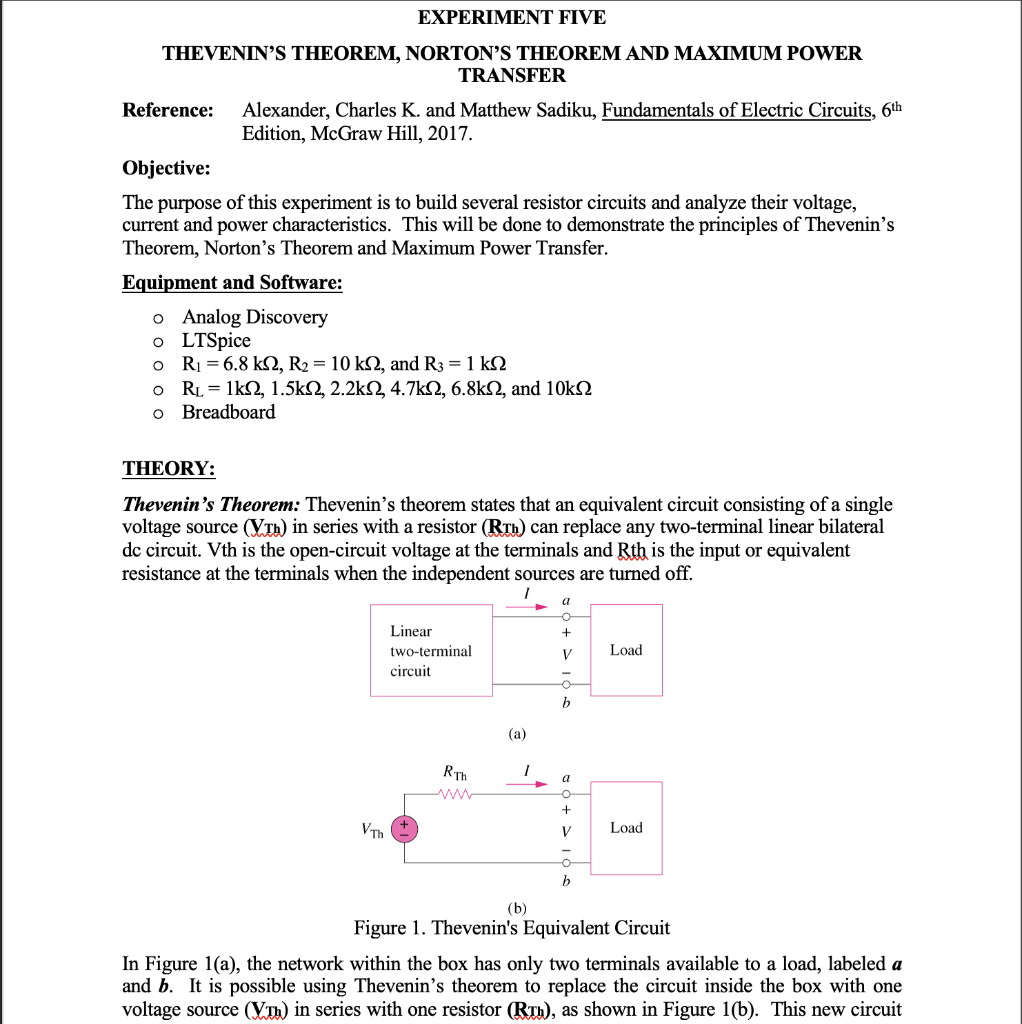 Solved EXPERIMENT FIVE THEVENIN'S THEOREM, NORTON'S THEOREM | Chegg.com