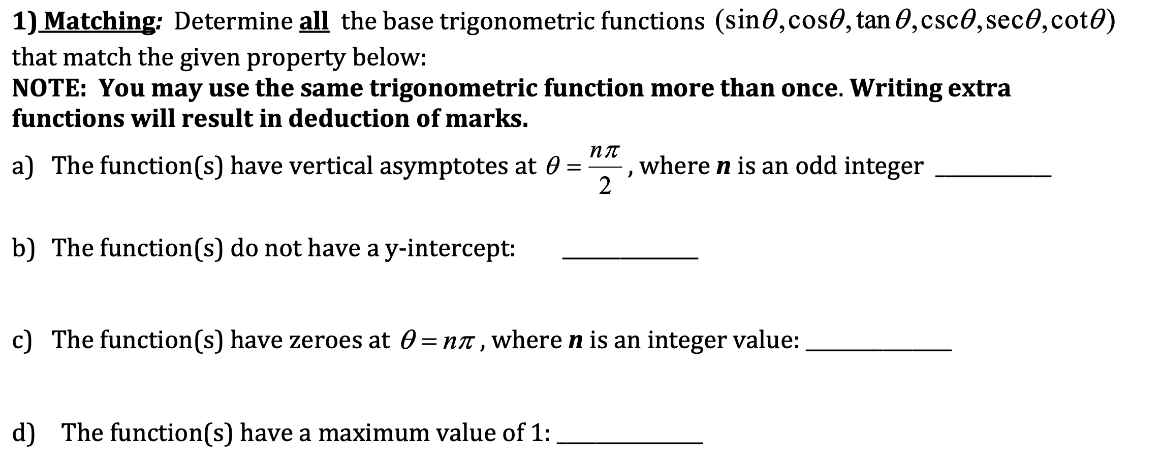 Solved 1) Matching: Determine all the base trigonometric | Chegg.com