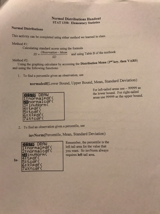 Solved Normal Distributions Handout STAT 1350: Elementary | Chegg.com