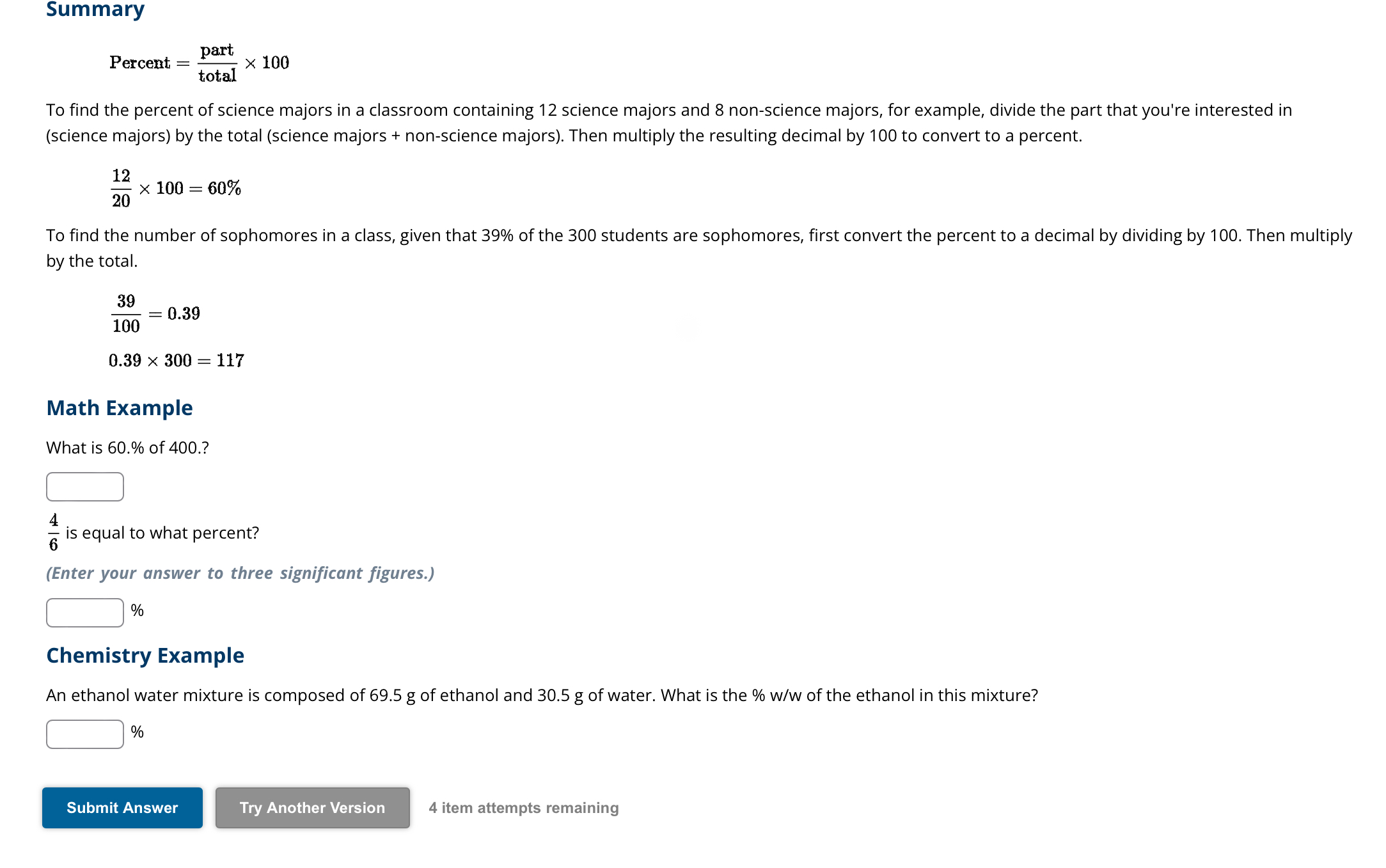 Solved Summary Percent = total part ×100 To find the | Chegg.com