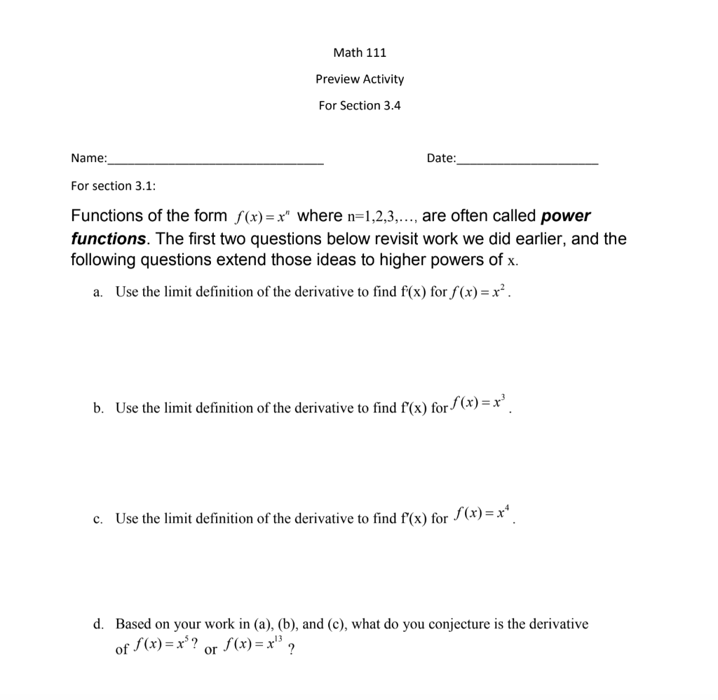 Solved Math 111 Preview Activity For Section 3.4 Name: Date: | Chegg.com