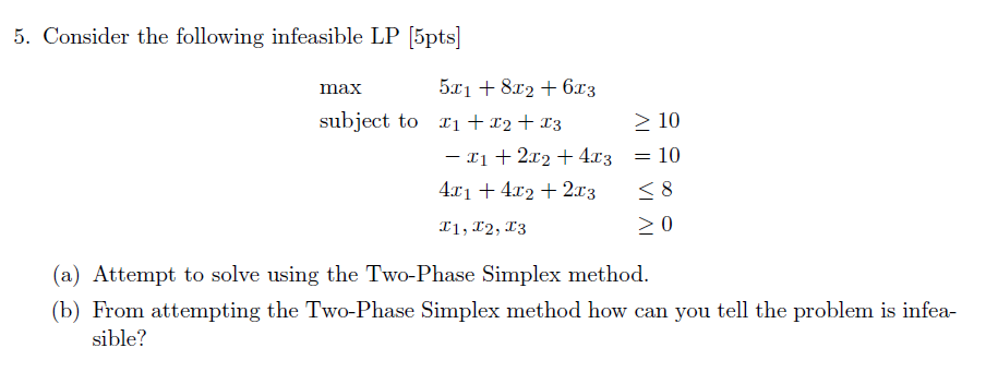 Solved 5. Consider the following infeasible LP [5pts] max | Chegg.com