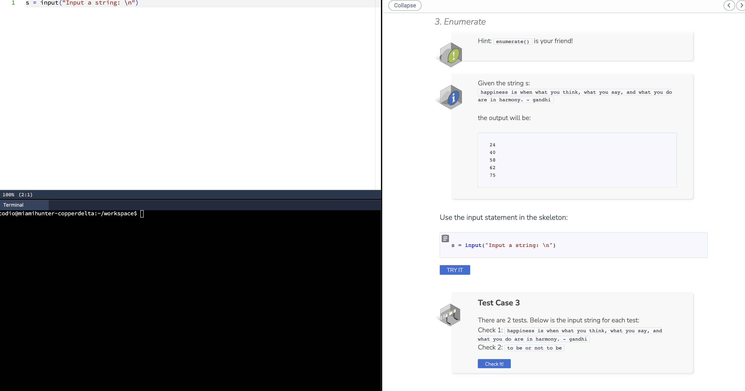 Solved Hint: enumerate() is your friend! 100% (2:1) Terminal | Chegg.com