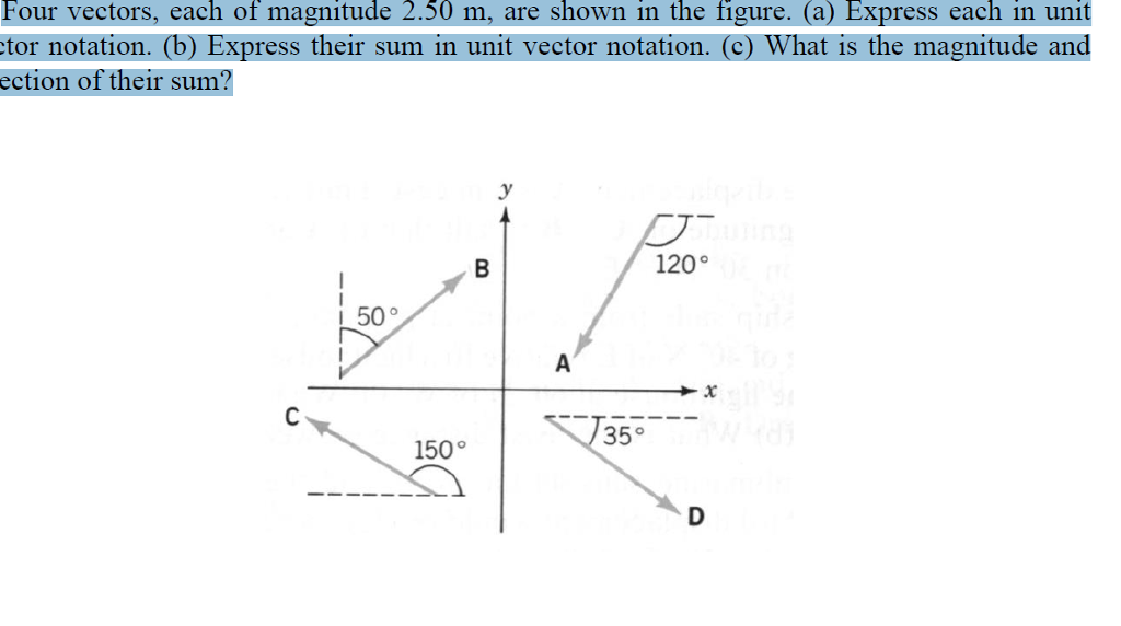 Solved Four vectors, each of magnitude 2.50 m, are shown in | Chegg.com