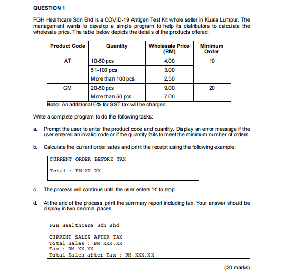 Solved QUESTION 1 FGH Healthcare Sdn Bhd is a COVID-19 | Chegg.com