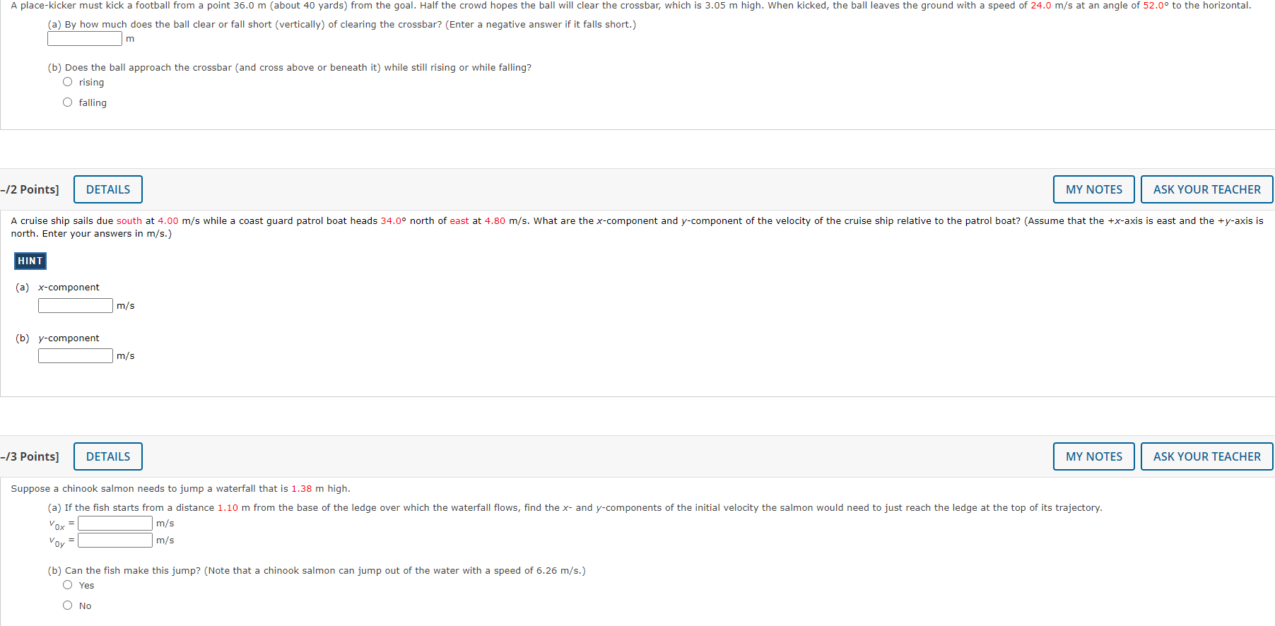 Solved A place-kicker must kick a football from a point 36.0 | Chegg.com