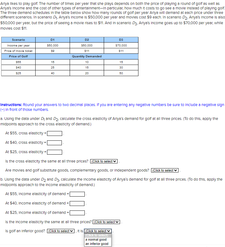 Solved Arlya likes to play golf. The number of times per | Chegg.com