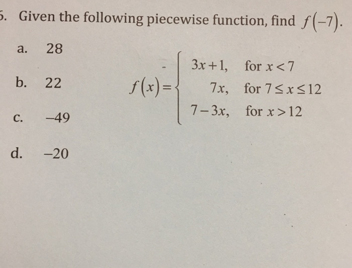 Solved Given the following piecewise function, find f(-7) a. | Chegg.com