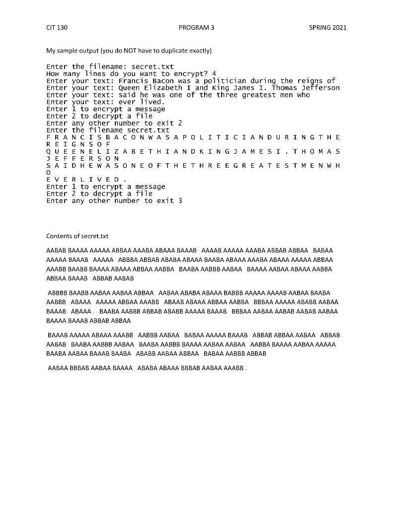 CIT 130 PROGRAM 3 SPRING 2021 For this assignment you | Chegg.com