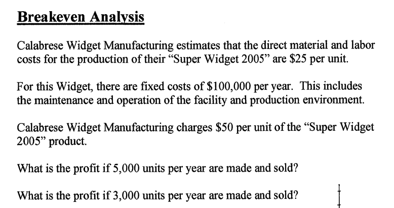 Solved Breakeven Analysis Calabrese Widget Manufacturing | Chegg.com