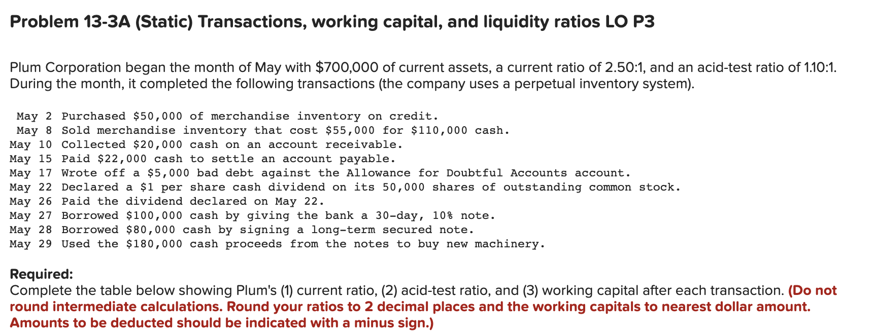 Solved Problem 13-3A (Static) Transactions, working capital, | Chegg.com
