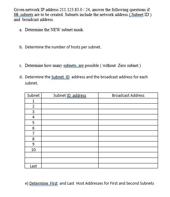 Solved Given network IP address 211.123 .83 .0 / 24, answer | Chegg.com