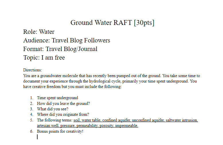 Solved Ground Water RAFT [30pts] Role: Water Audience: | Chegg.com