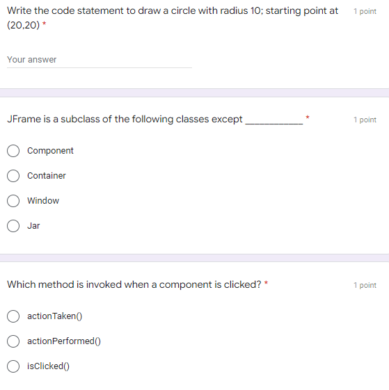 Solved 1 point Write the code statement to draw a circle | Chegg.com